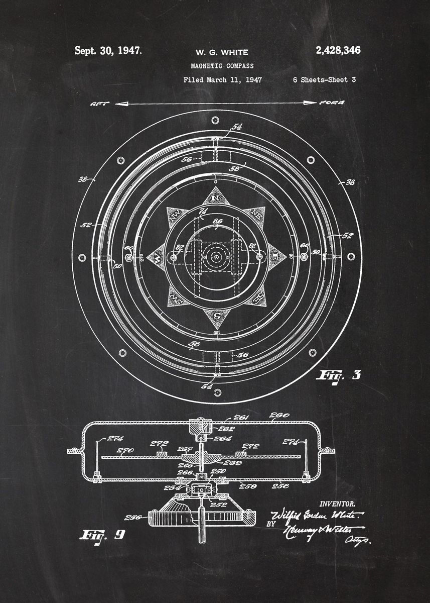 '1947 Magnetic Compass - Patent Drawing' Poster, picture, metal print ...
