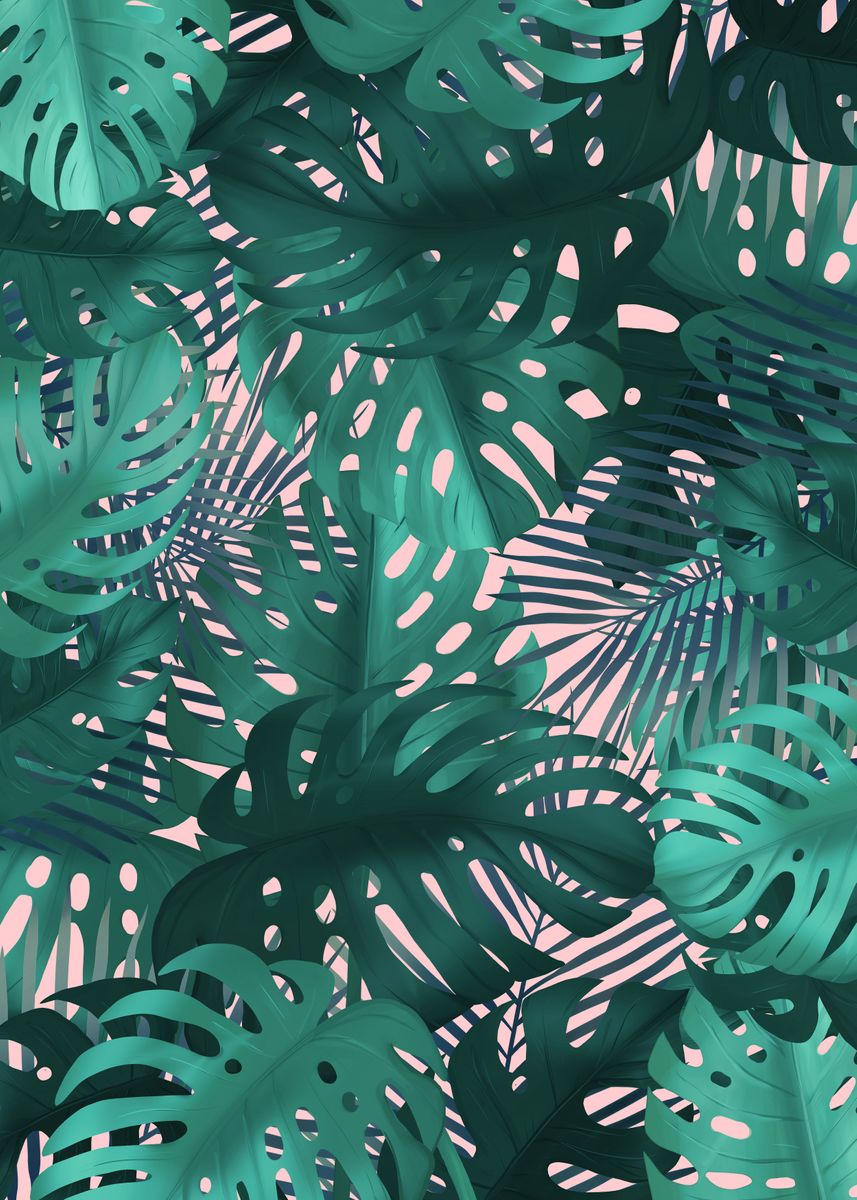 'Tropical leaves on pink' Poster by Jace Anderson | Displate