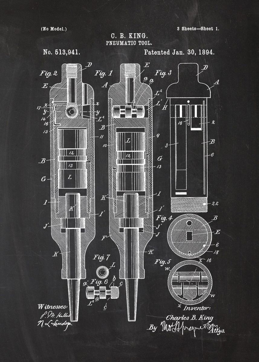 '1894 Pneumatic Tool - Patent Drawing' Poster, picture, metal print ...
