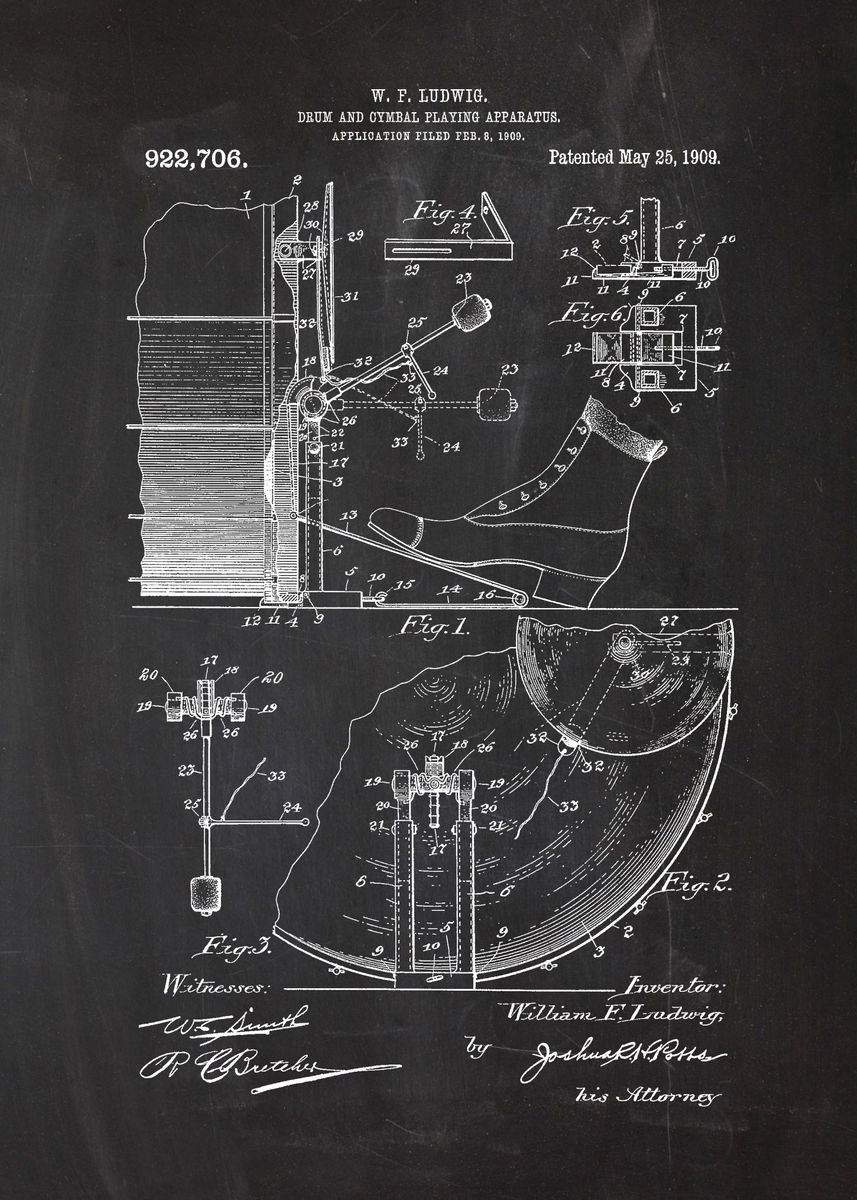 '1909 Drum and Musical Apparatus - Patent Drawing' Poster, picture ...