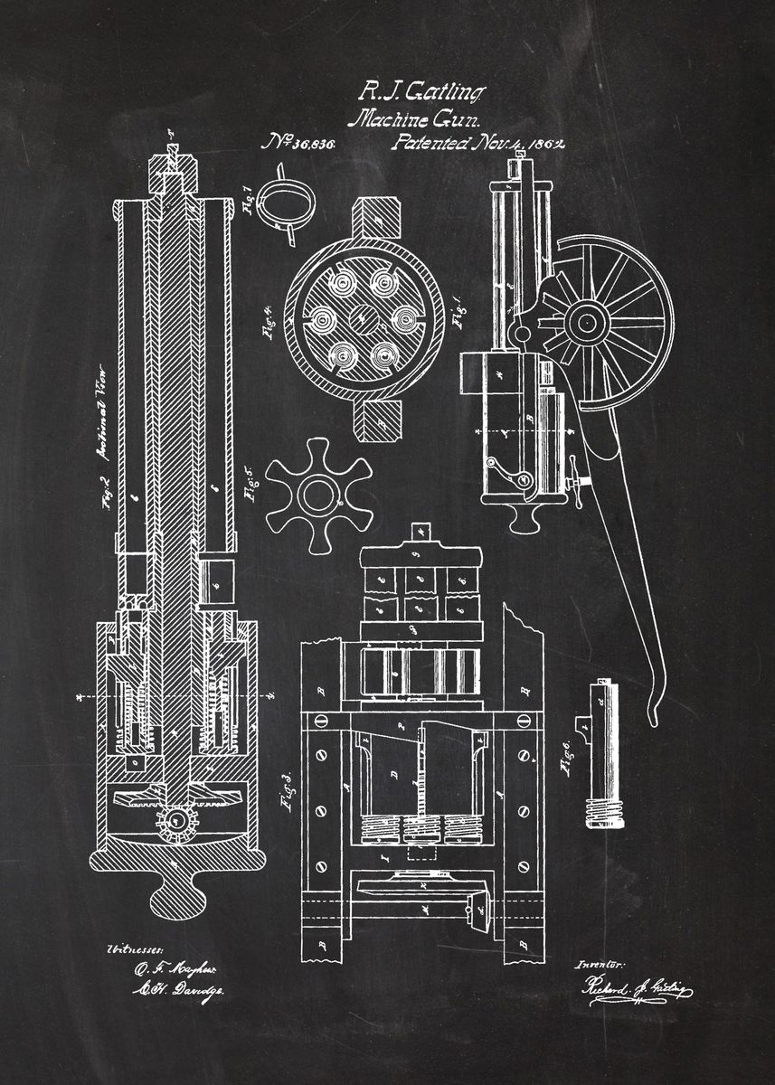 '1862 Machine Gun - Patent Drawing' Poster, picture, metal print, paint ...