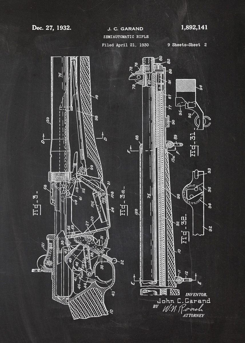 '1930 Semiautomatic Rifle - Patent Drawing' Poster, picture, metal ...