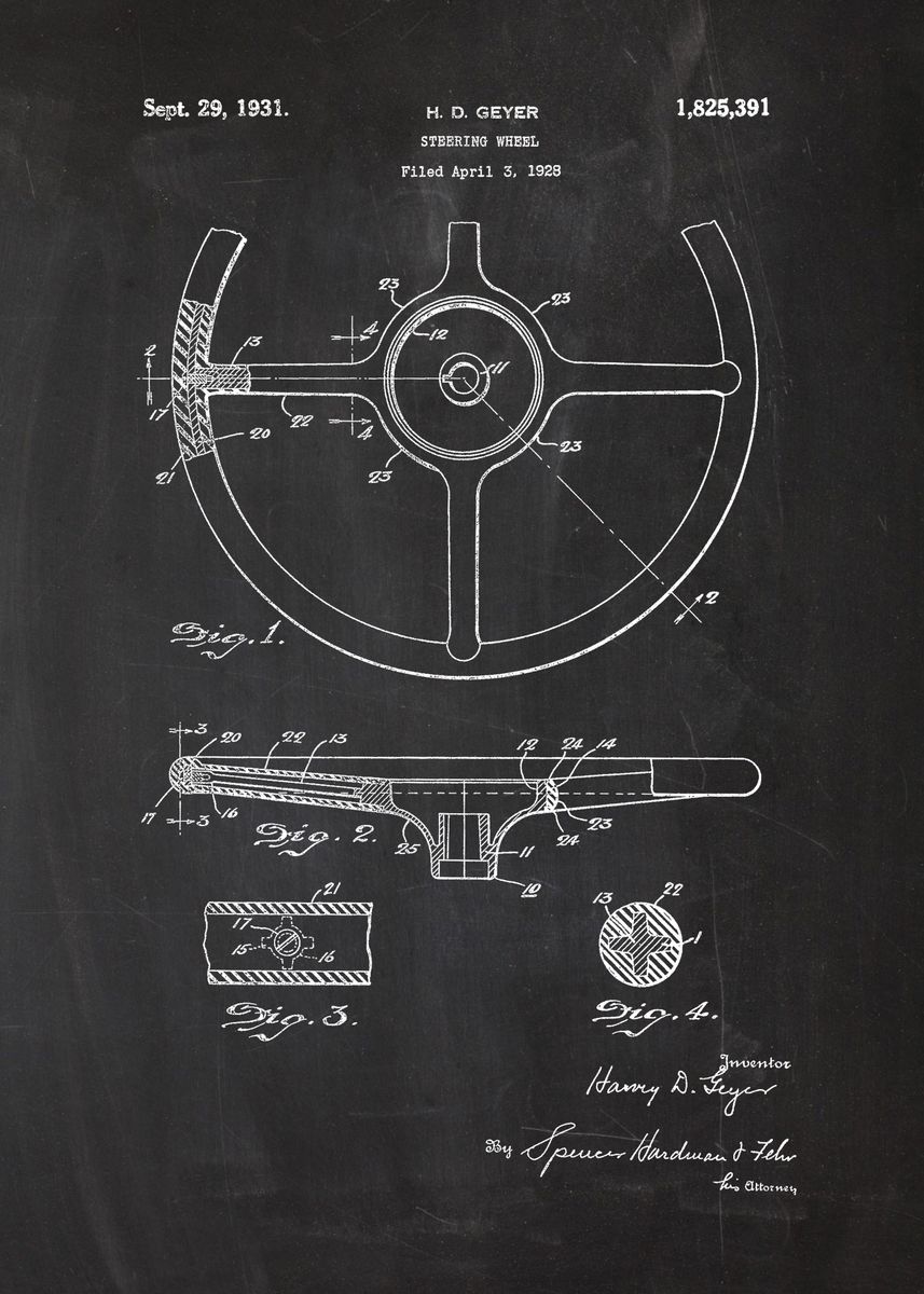 '1928 Steering Wheel - Patent Drawing' Poster, picture, metal print ...