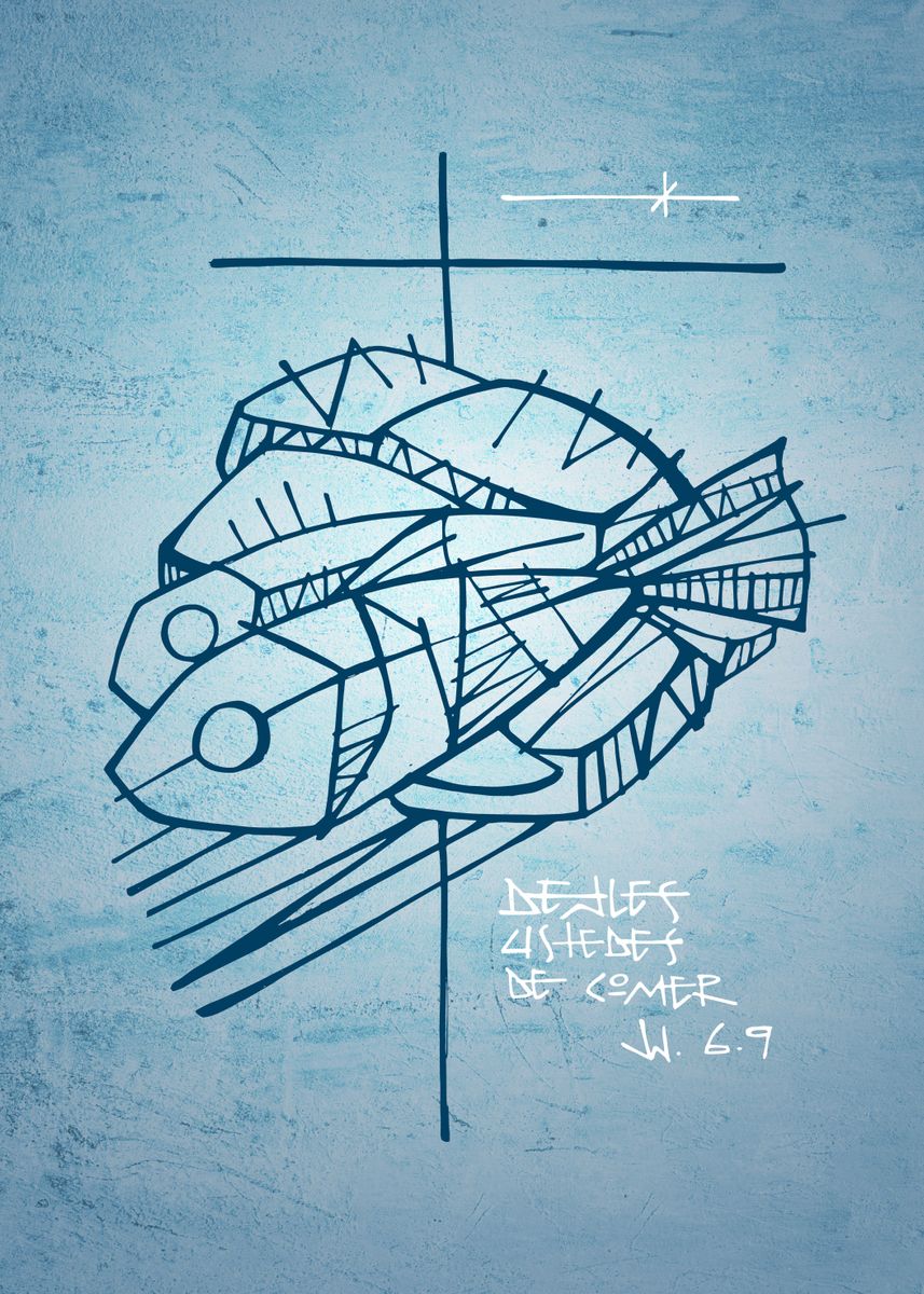'Five bread and two fish symbol' Poster, picture, metal print, paint by ...