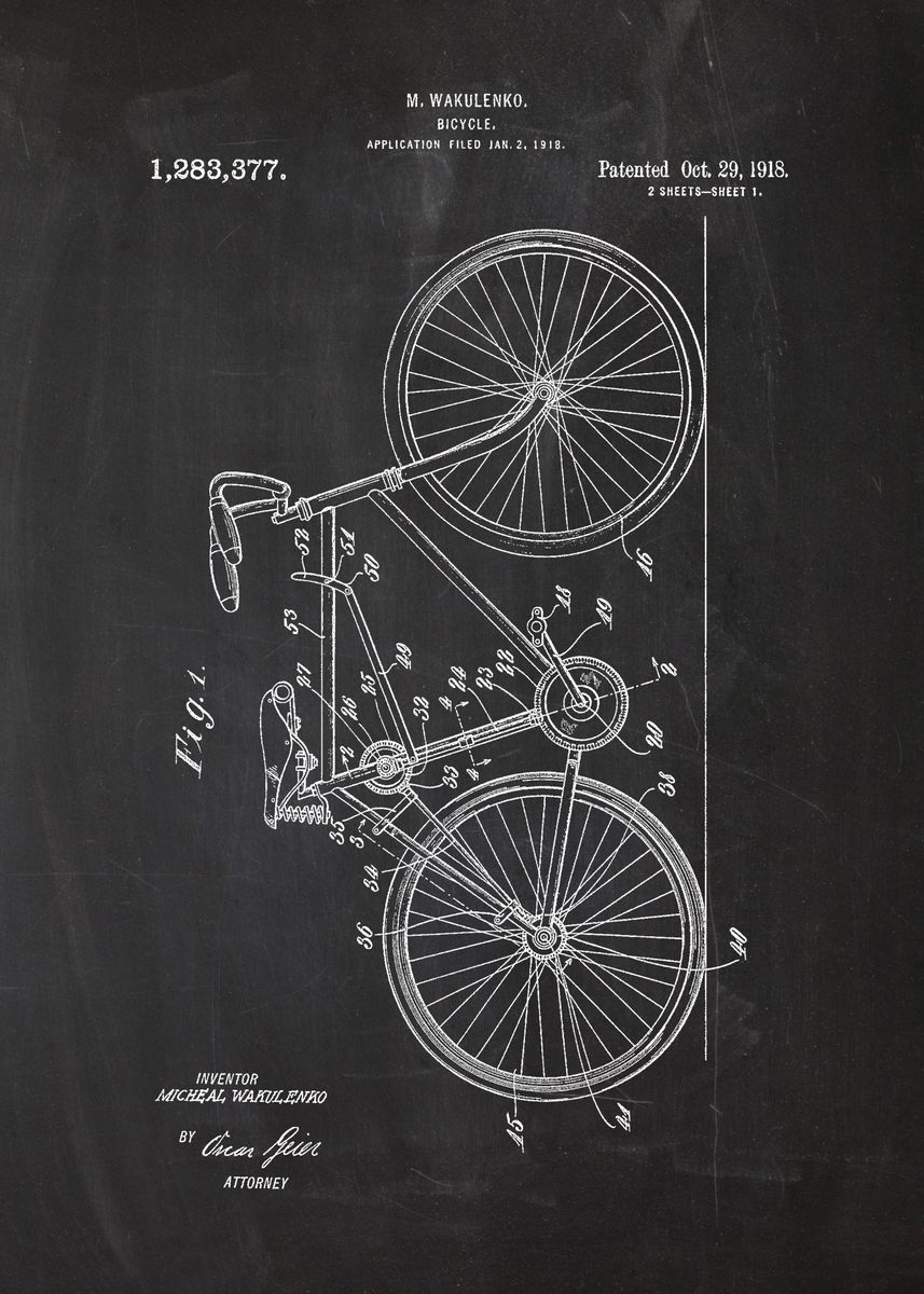 '1918 Bicycle - Patent Drawing' Poster by Nicram K | Displate