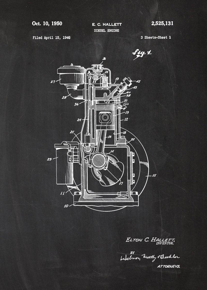 '1946 Diesel Engine - Patent Drawing' Poster, picture, metal print ...