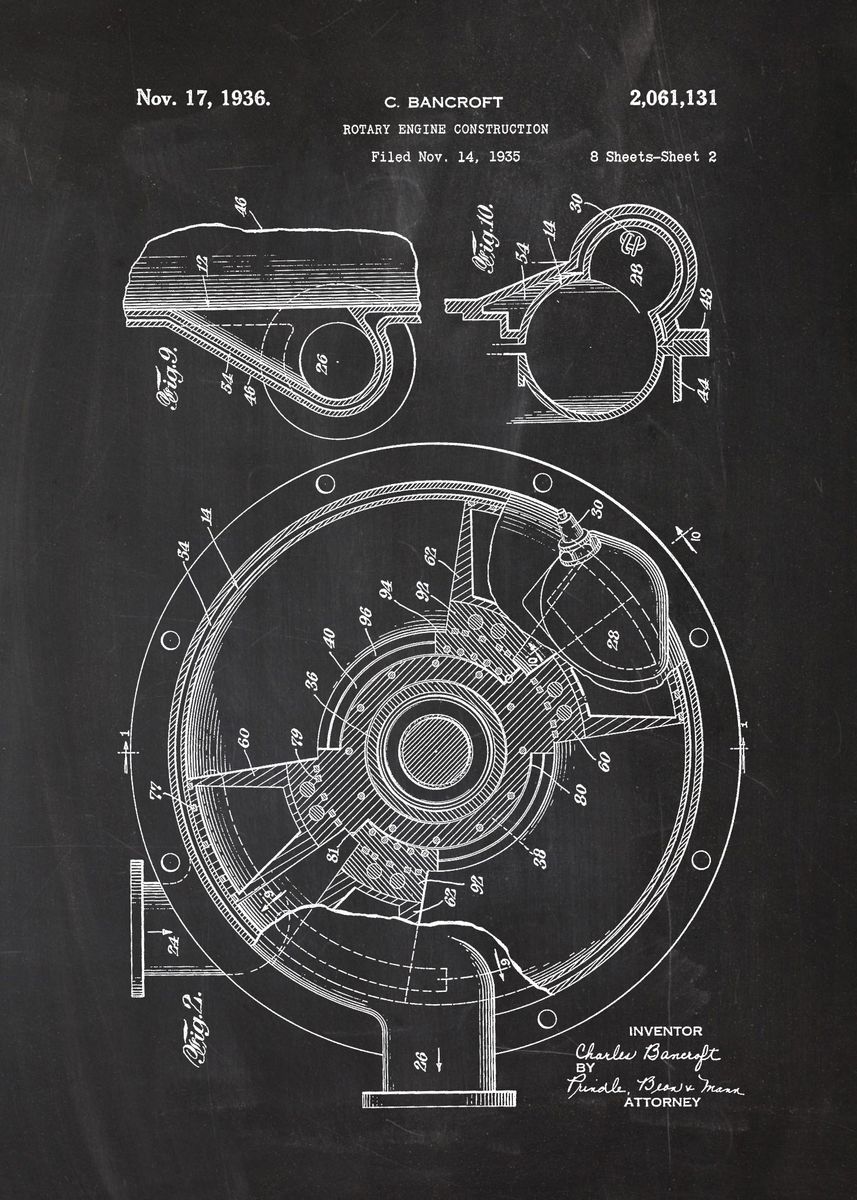 '1935 Rotary Engine Construction - Patent Drawing' Poster, picture ...