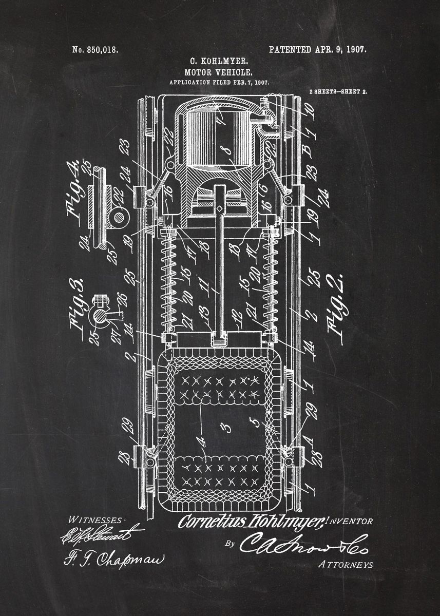 '1907 Motor Vehicle - Patent Drawing' Poster, picture, metal print ...