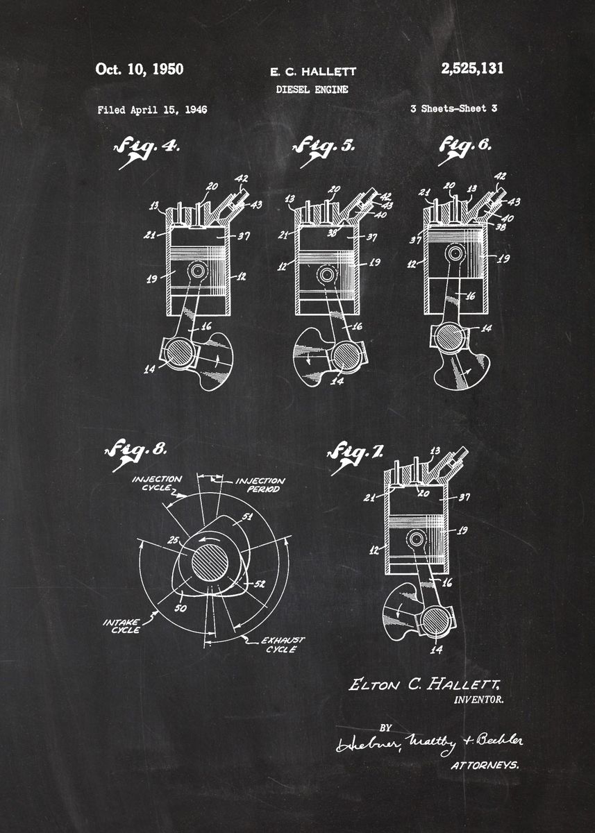 '1946 Diesel Engine - Patent Drawing ' Poster, picture, metal print ...