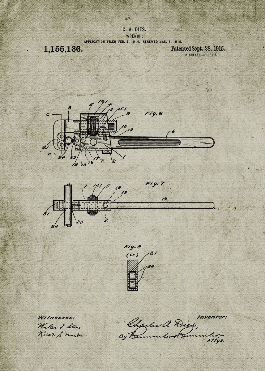 '1915 Wrench-Patent Drawing' Poster, picture, metal print, paint by ...