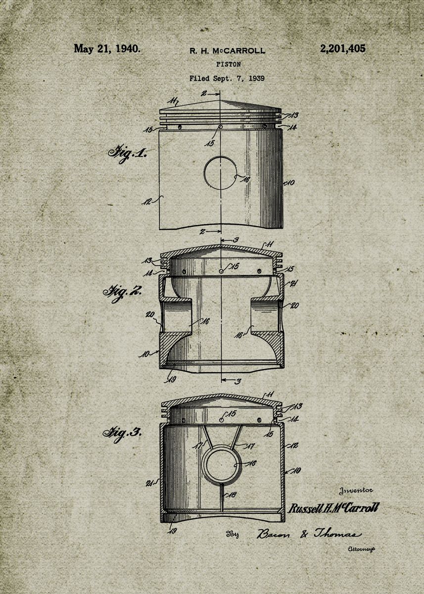 '1939 Piston-Patent Drawing' Poster, picture, metal print, paint by ...