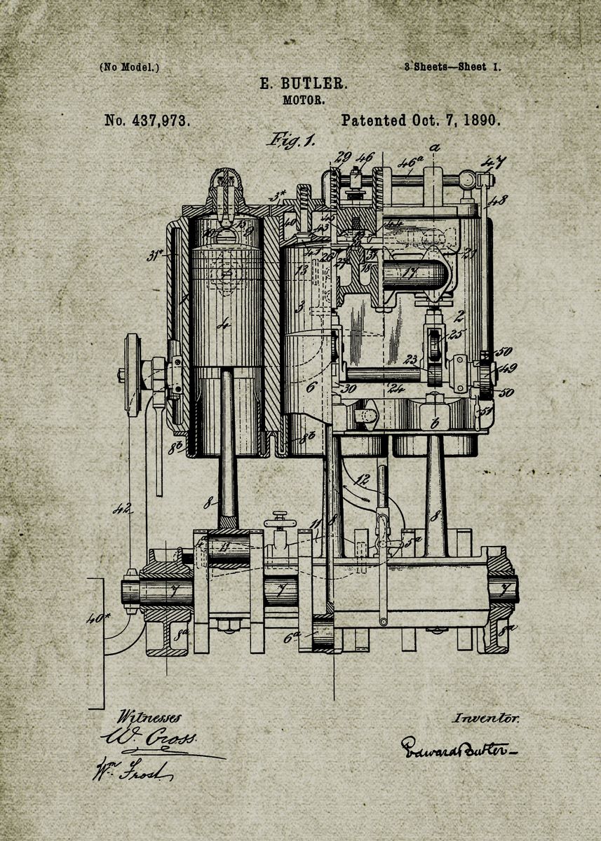 '1890 Motor-Patent Drawing' Poster, picture, metal print, paint by ...