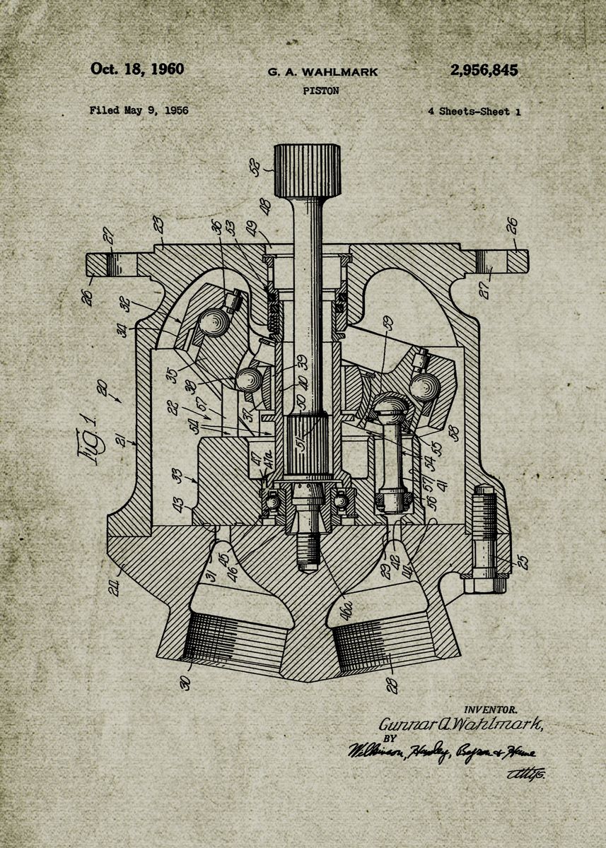 '1956 Piston-Patent Drawing' Poster, picture, metal print, paint by ...
