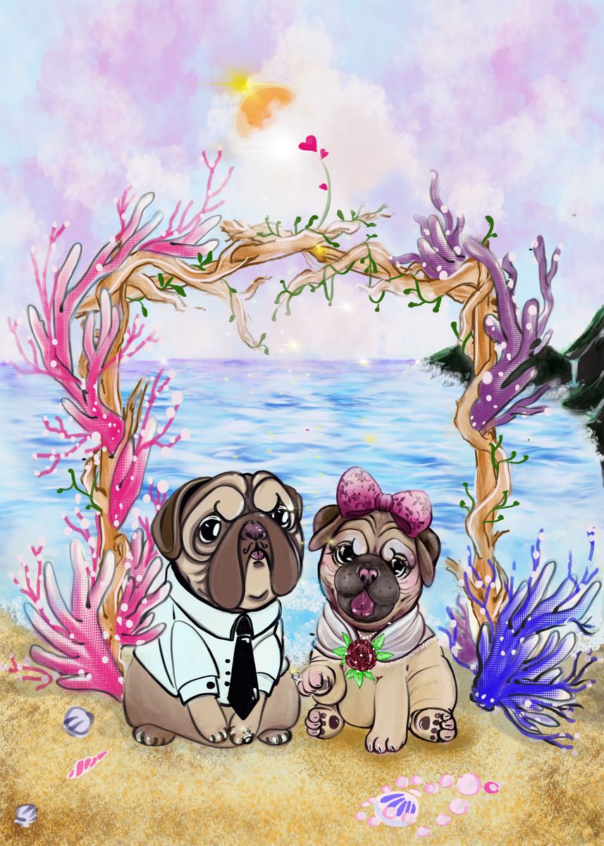 'Pug wedding' Poster, picture, metal print, paint by An Vi | Displate
