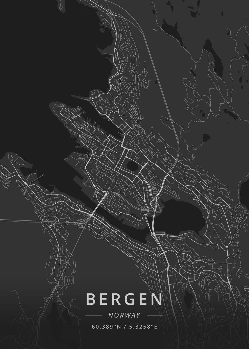 'Bergen, Norway' Poster, picture, metal print, paint by Designer Map ...