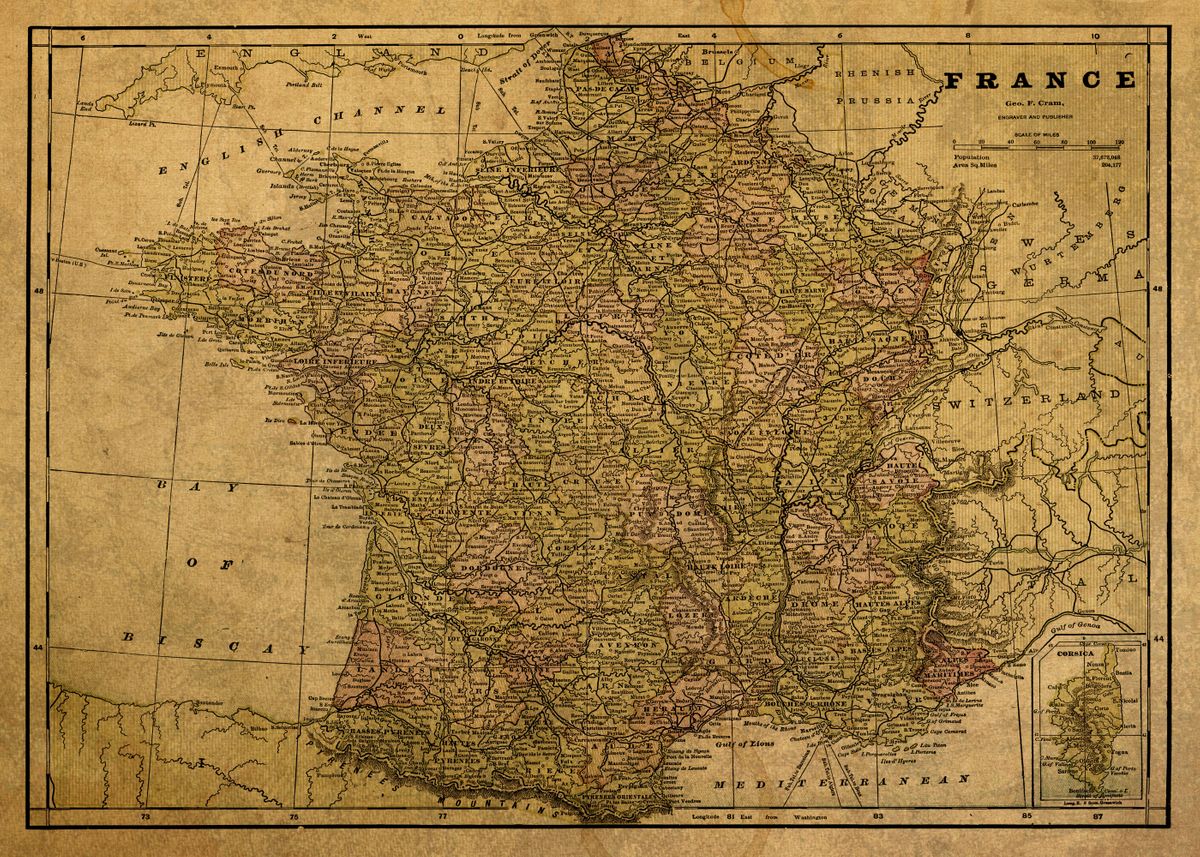 'Vintage Map of France 1892' Poster by Design Turnpike | Displate