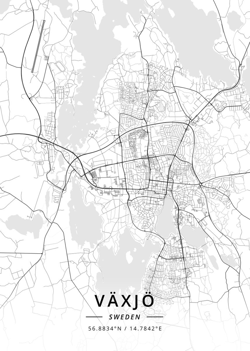 'Vaxjo, Sweden' Poster, picture, metal print, paint by Designer Map Art ...