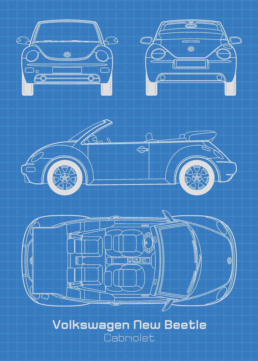 'VW New Beetle Blueprint' Poster, picture, metal print, paint by ...