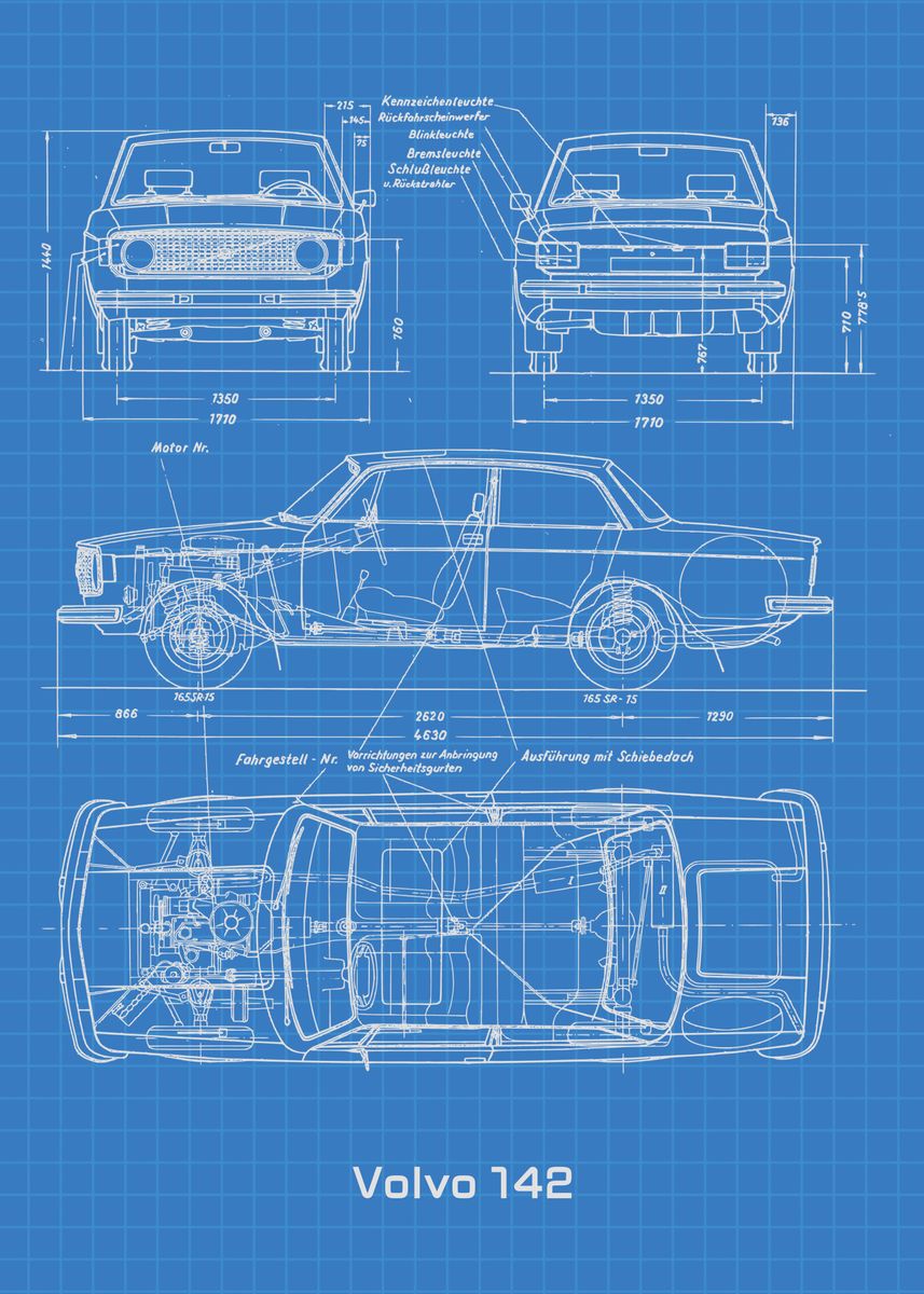'Volvo 142 Blueprint' Poster by Aleksandras Palivonas | Displate