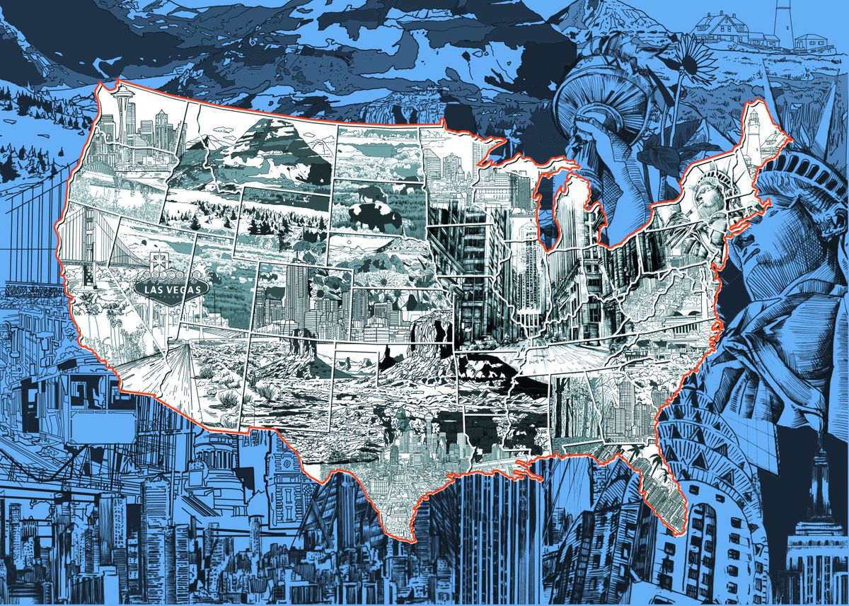 'usa map landmark drawing' Poster by Bekim Art | Displate