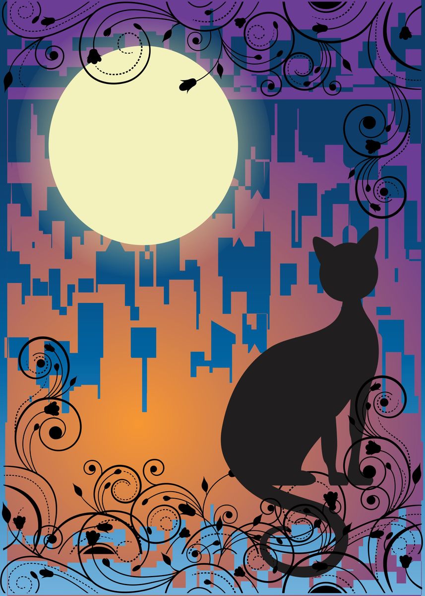 'O gato e a lua' Poster, picture, metal print, paint by Isa Pítanga ...