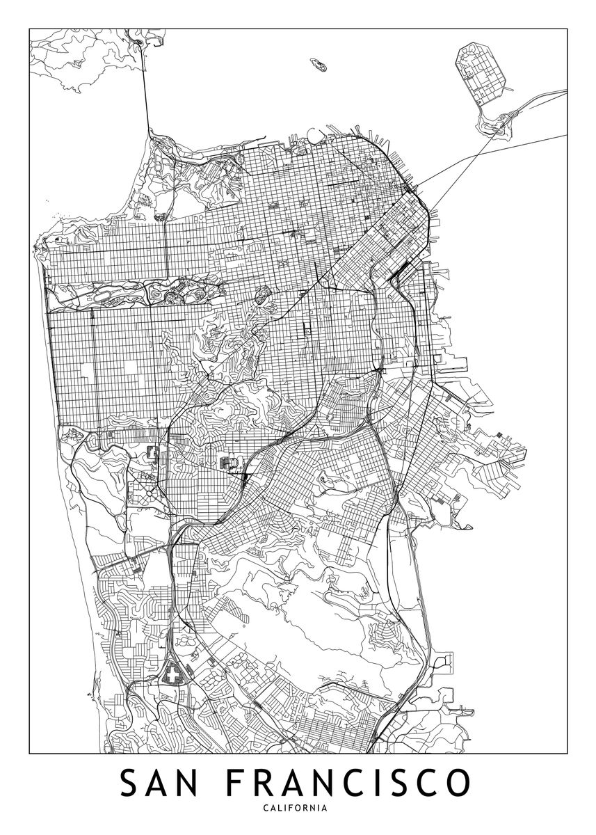 'San Francisco White Map' Poster, picture, metal print, paint by ...