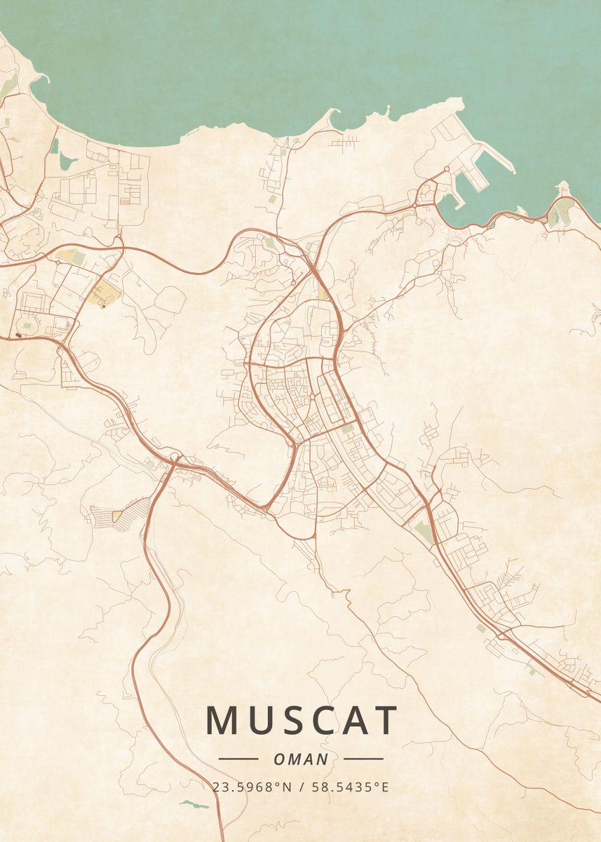 'Muscat Oman' Poster, picture, metal print, paint by Designer Map Art ...