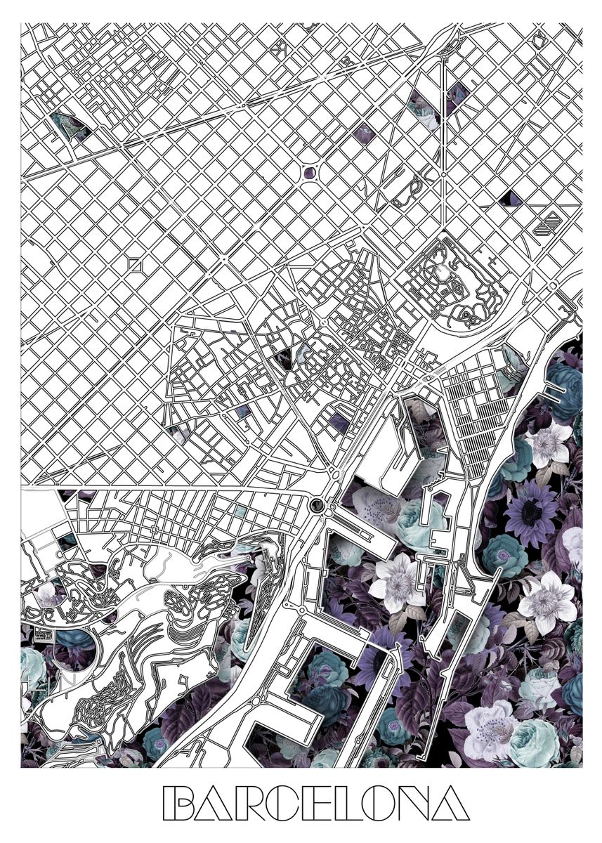 'barcelona city map floral' Poster by Bekim Art | Displate
