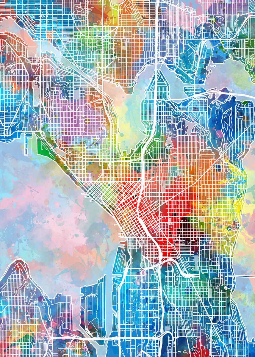 'seattle city map color' Poster, picture, metal print, paint by Bekim ...