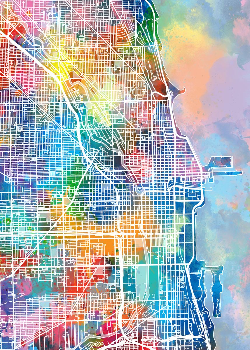 'chicago city map color' Poster by Bekim Art | Displate