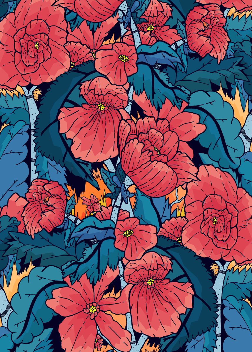 'Red flowers' Poster, picture, metal print, paint by Steve Wade | Displate