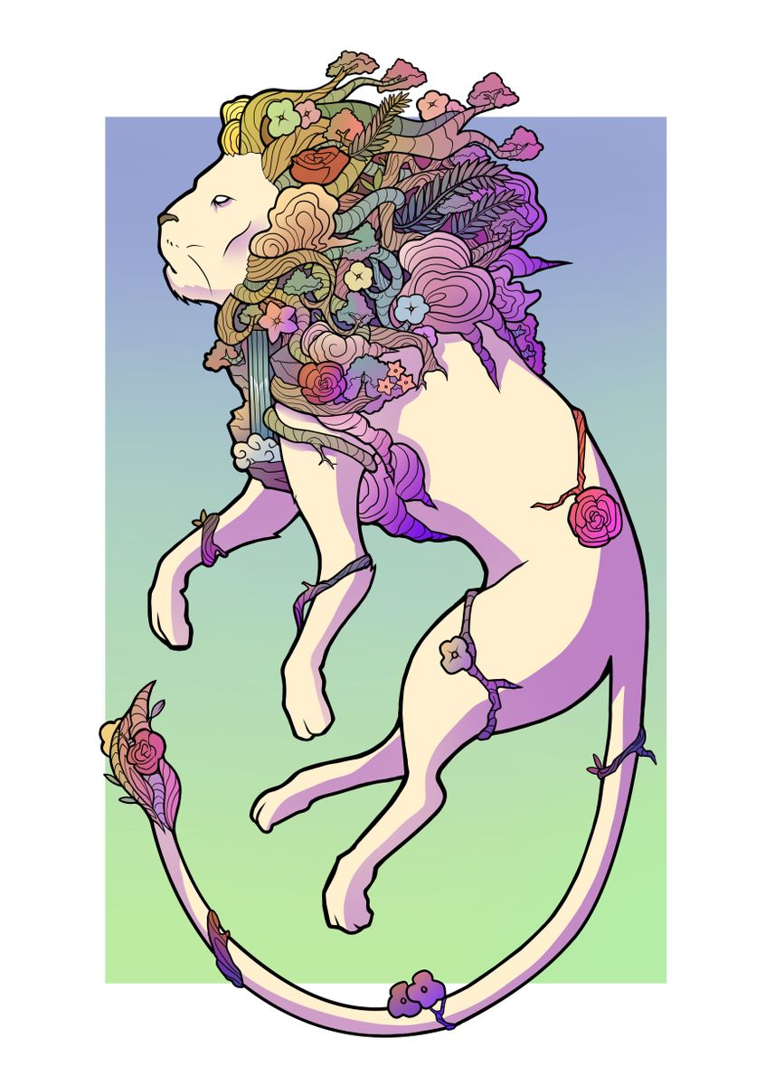 'Lion Flora' Poster, picture, metal print, paint by Paul Arruejo | Displate