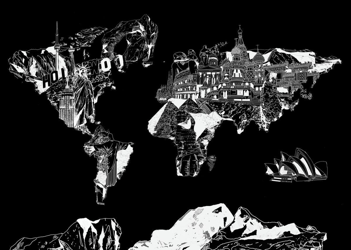 'world map landmark black ' Poster by Bekim Art | Displate