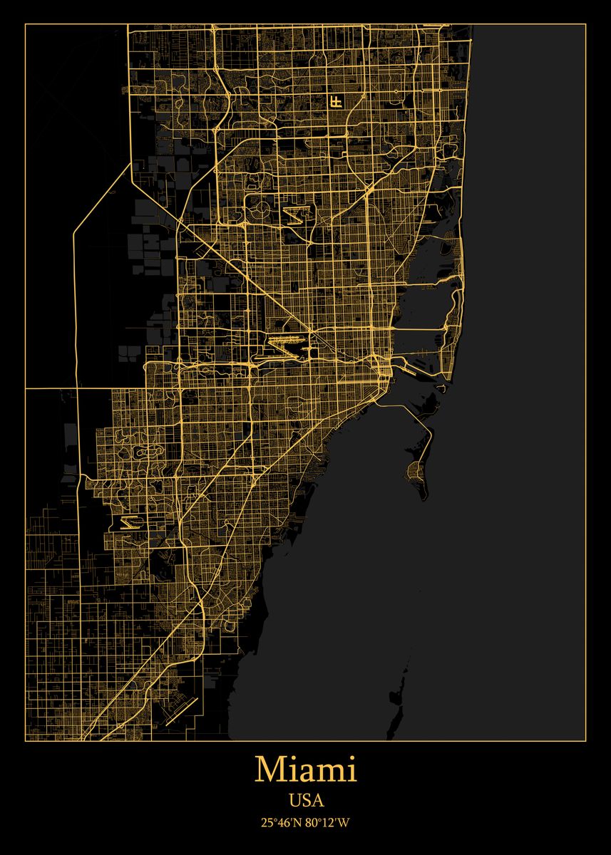 'Miami USA map' Poster, picture, metal print, paint by Iwoko | Displate