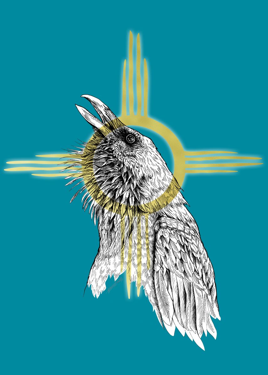 'Sun raven on teal blue' Poster, picture, metal print, paint by ...