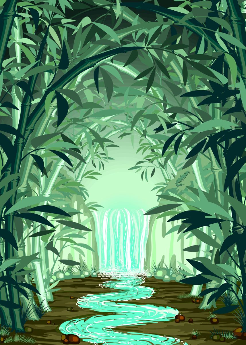 'Waterfall on Bamboo Forest' Poster by Bluedarkat Lem | Displate