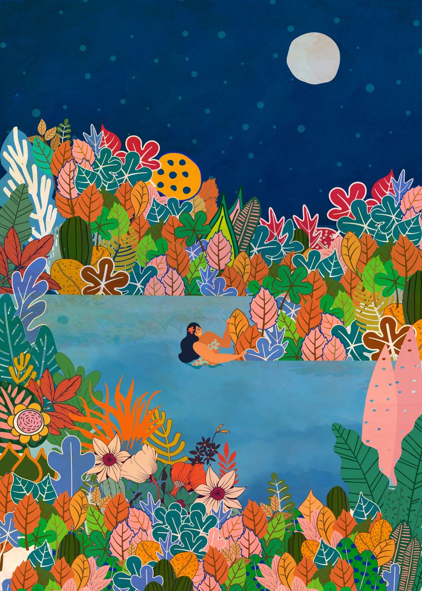 'Moonlight Swimming Girl' Poster, picture, metal print, paint by Urban ...