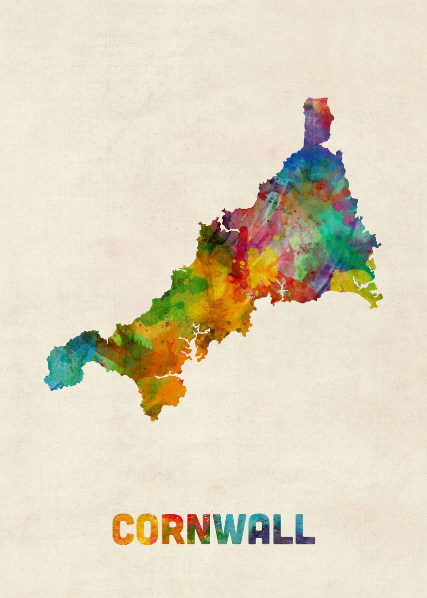 'Cornwall England Map' Poster, picture, metal print, paint by Michael ...