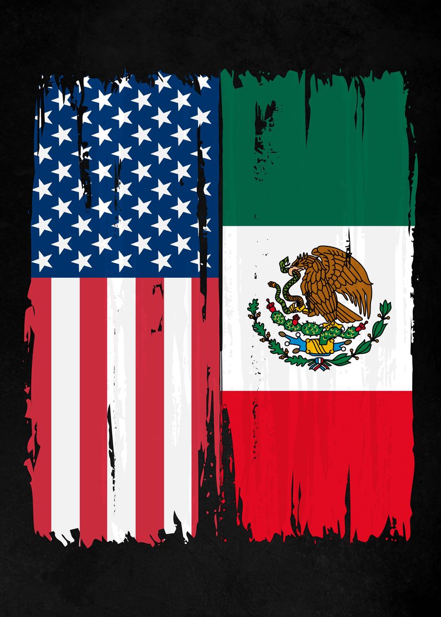 'USA Mexico Split Flag' Poster, picture, metal print, paint by ...