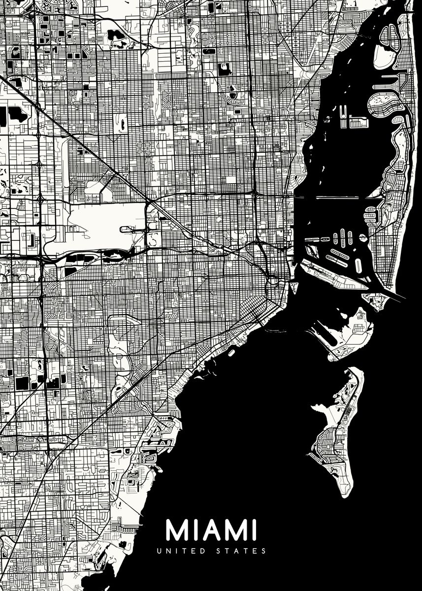 'Miami map white' Poster, picture, metal print, paint by mapsies | Displate