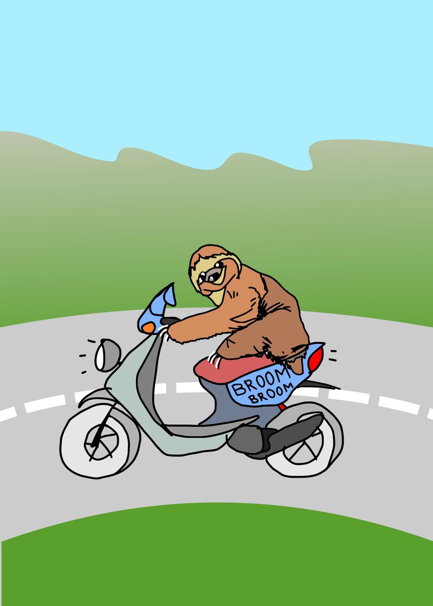'sloth riding a scooter' Poster, picture, metal print, paint by ...