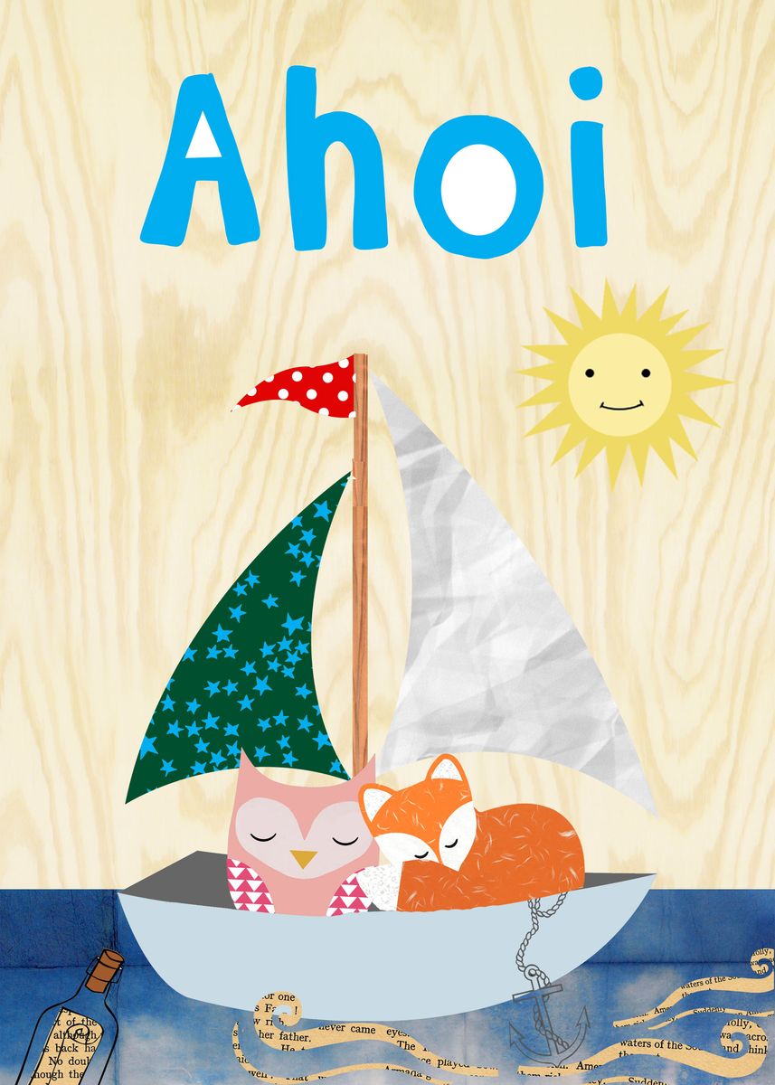 'Ahoi Boat with Fox and Owl' Poster, picture, metal print, paint by ...