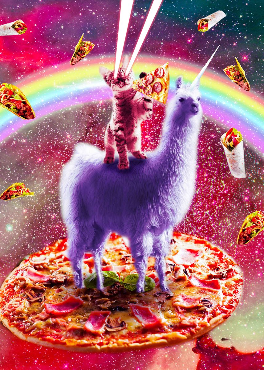 'Cat Riding Llama' Poster, picture, metal print, paint by Random Galaxy ...