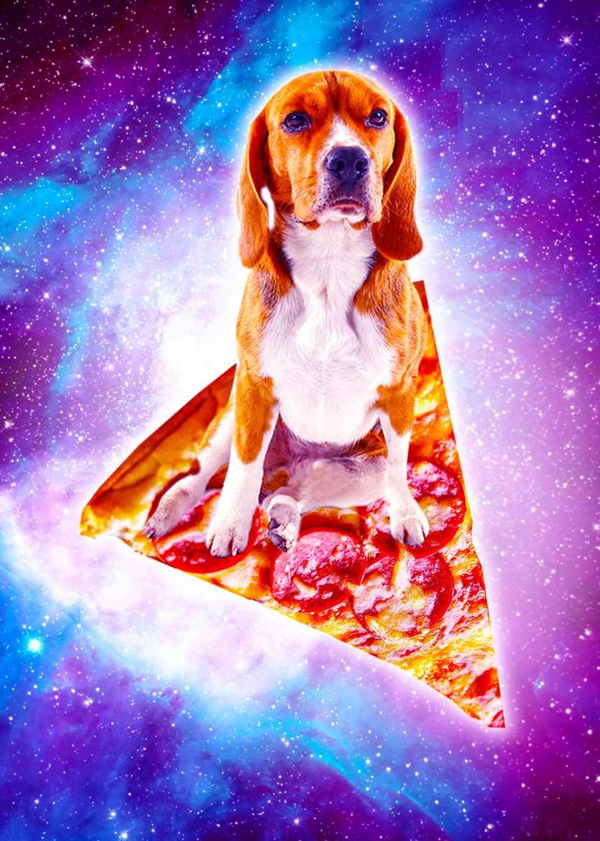 'Space Dog Riding Pizza ' Poster, picture, metal print, paint by Random ...