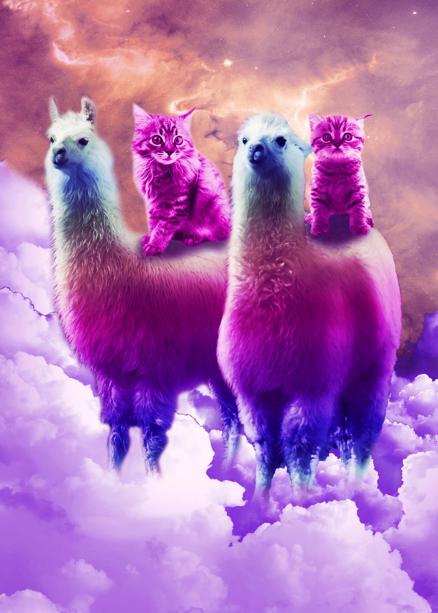 'Cat Riding Rainbow Llama' Poster, picture, metal print, paint by ...