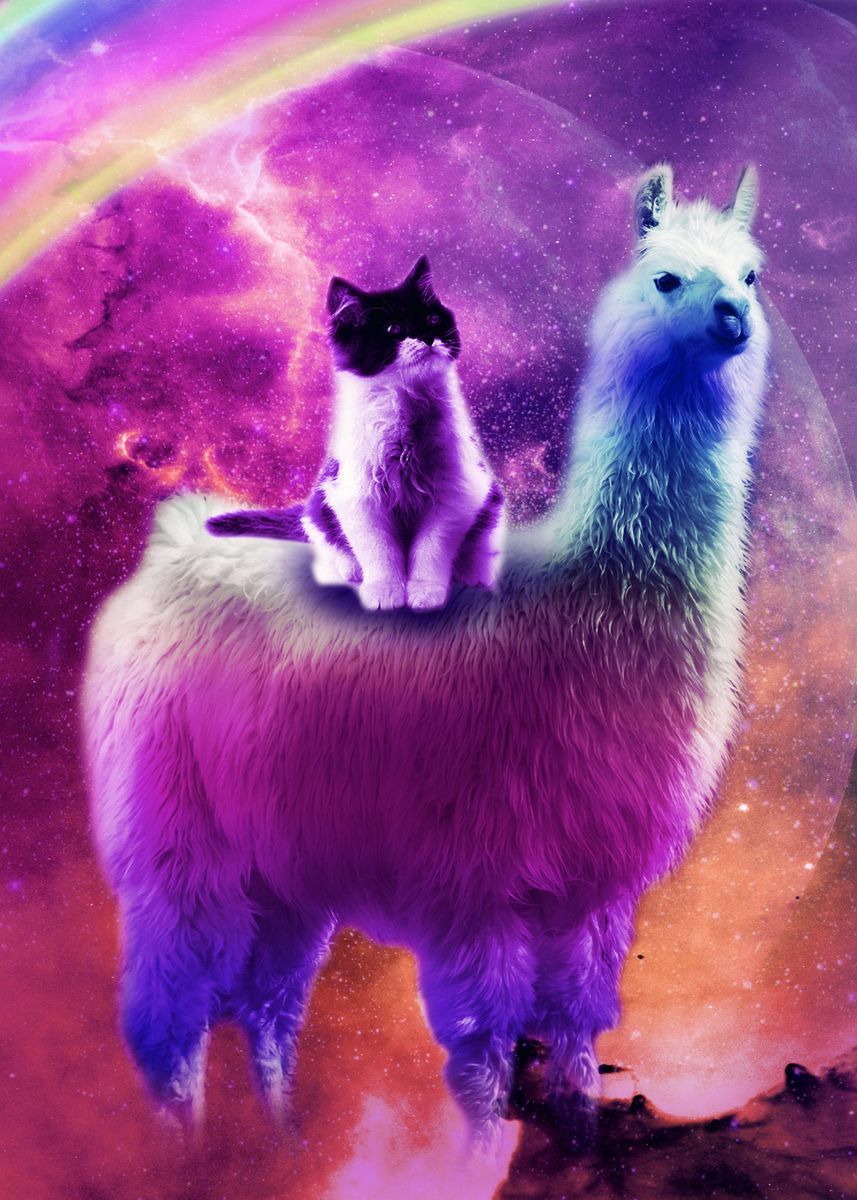 'Cat Riding Rainbow Llama' Poster, picture, metal print, paint by ...