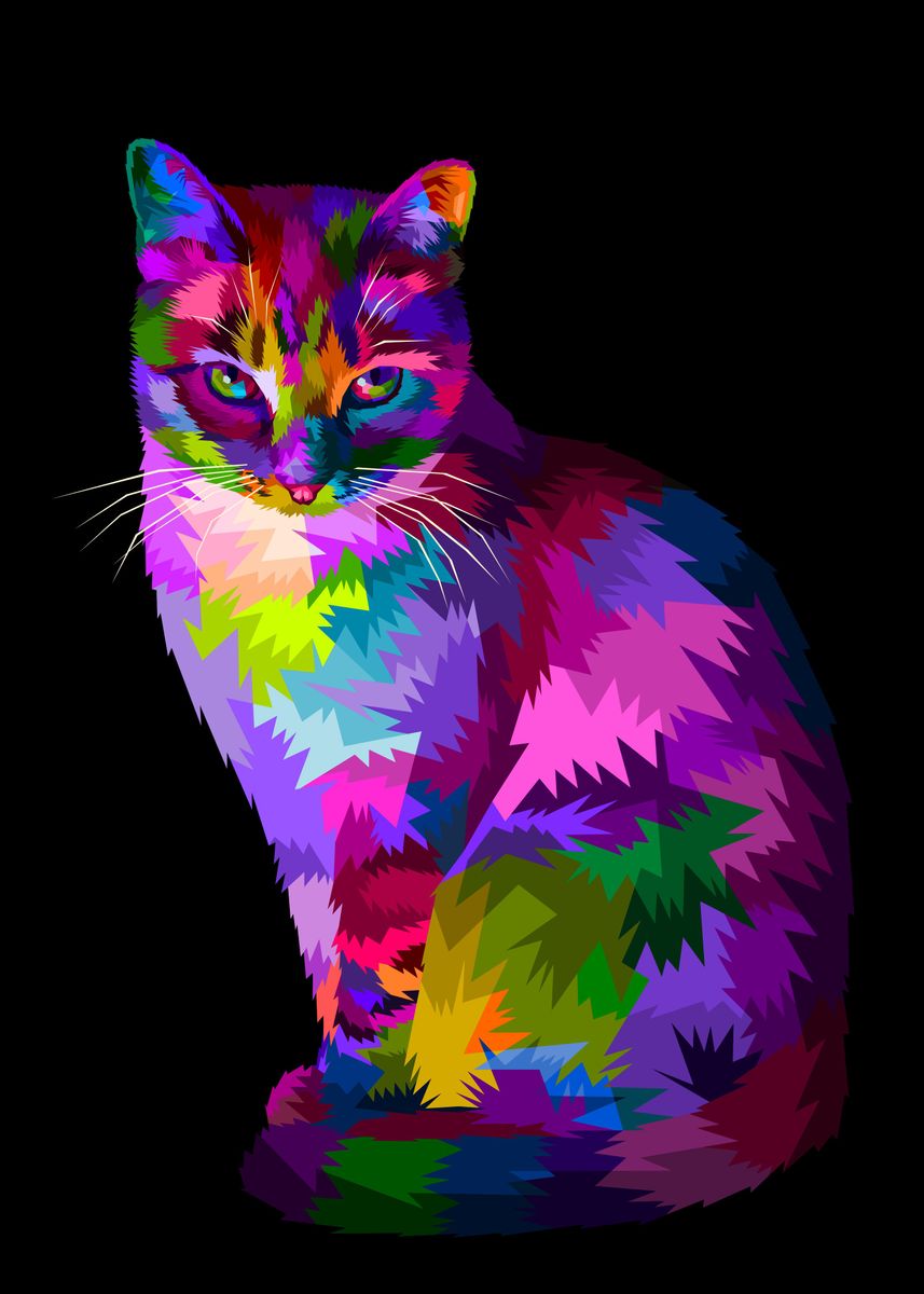 'colorful cool cat sitting ' Poster, picture, metal print, paint by ...