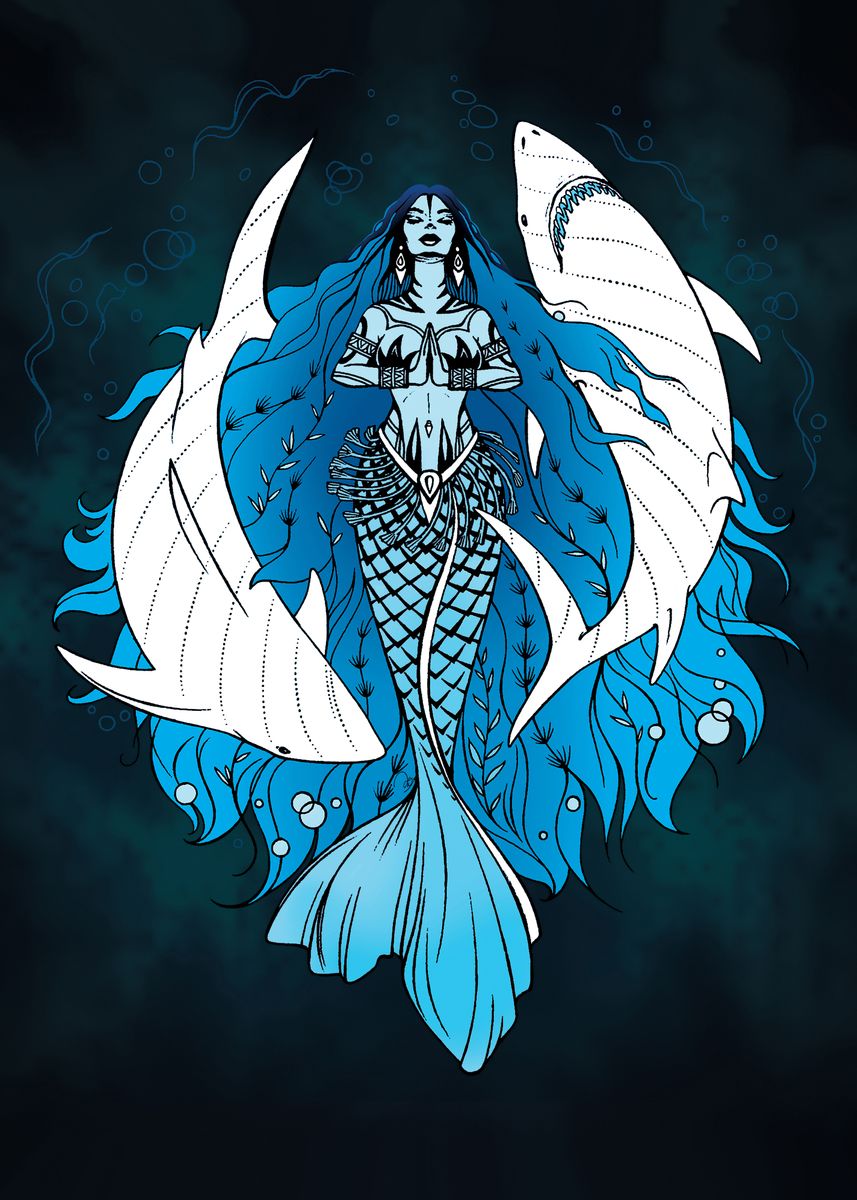 'Mermaid and sharks' Poster, picture, metal print, paint by Anna ...