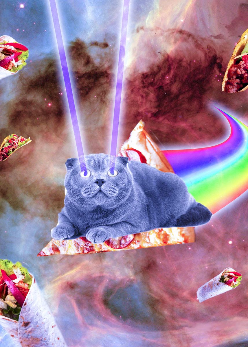 'Cat Riding Rainbow Pizza' Poster, picture, metal print, paint by ...