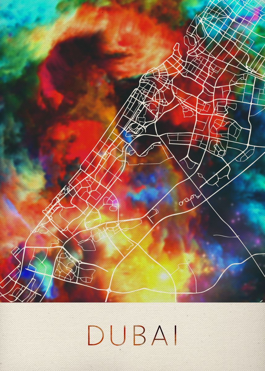 'Dubai Watercolor City Map' Poster, picture, metal print, paint by ...